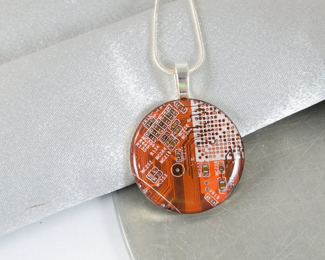 Circuit Board Necklace LARGE Orange, Recycled Motherboard Jewelry ...