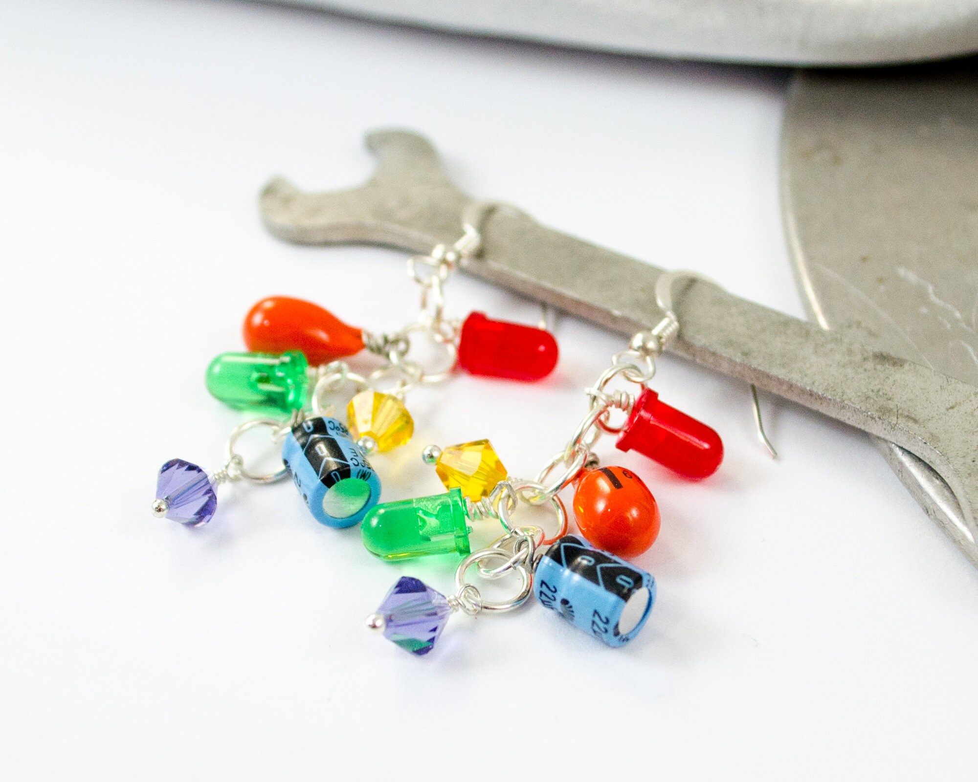 Rainbow Electronic Component Cluster Earrings, Sterling Silver Earrings ...