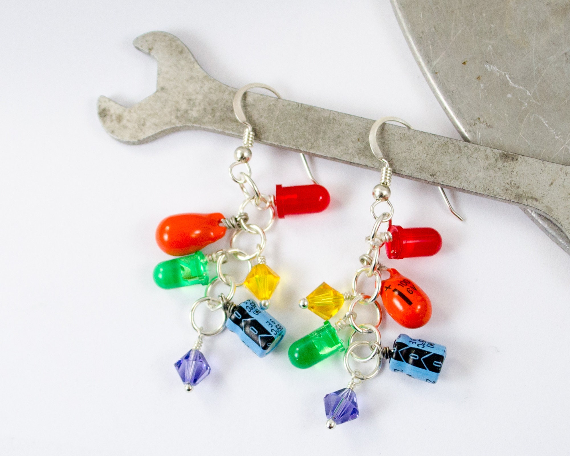 Rainbow Electronic Component Cluster Earrings, Sterling Silver Earrings ...