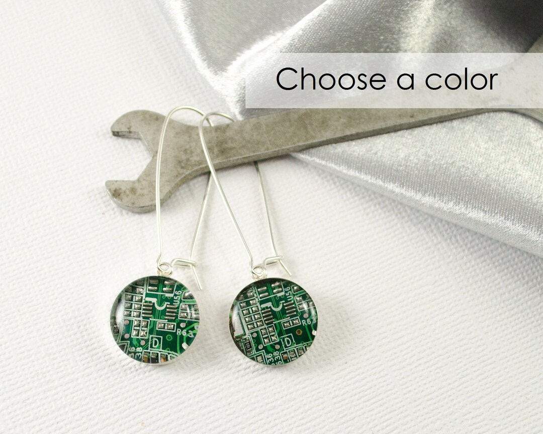 Recycled Circuit Board Earrings CHOOSE COLOR, Sterling Silver Dangle ...