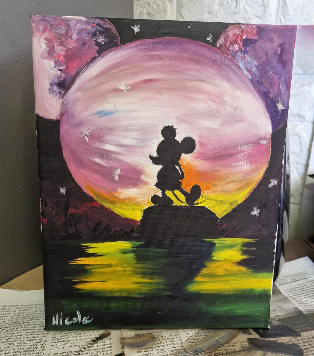 Mickey Mouse, Moon, Shadow, Lake, Oil Painting, Kids Room, Home Decor ...