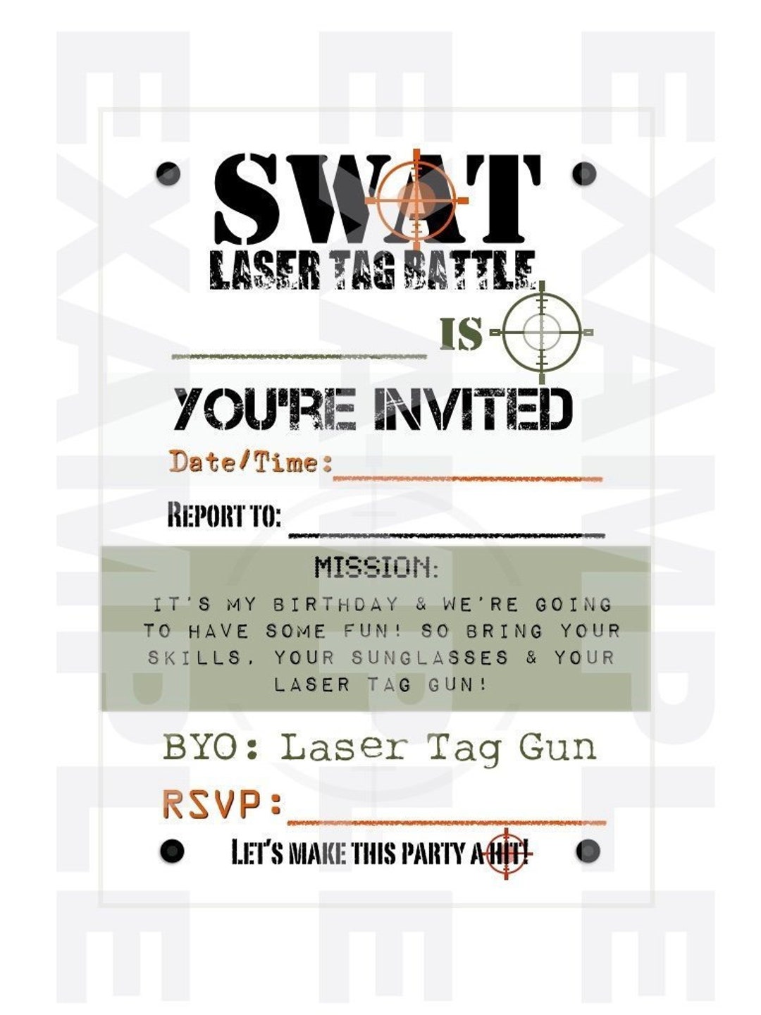 PDF: Laser Tag SWAT Fill-in Invitations - "let's Make This Party a Hit ...