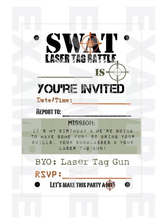 PDF: Laser Tag SWAT Fill-In Invitations - "Let's make this party a hit ...