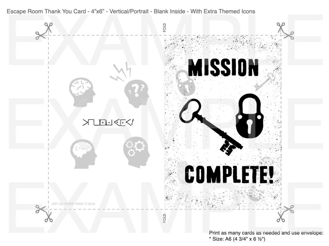 Escape Room Thank You Cards 4x6 mission Complete W BONUS Free Envelope ...