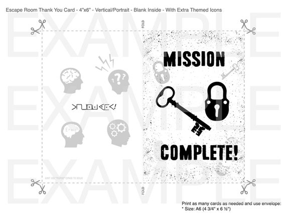 Escape Room Thank You Cards 4”x6” - "MISSION COMPLETE" - w BONUS Free ...