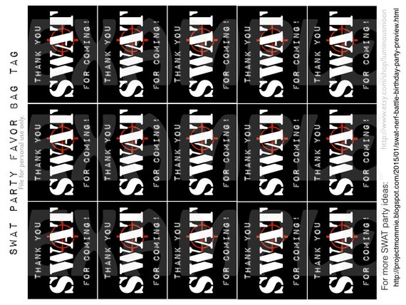 PDF: SWAT Party Favor Tags "Thank you for coming!" Black - Digital File ...