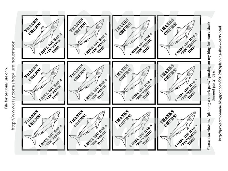 PDF: "thanks Chums!" Shark Party Favor Tags 2" X 2" - Great White "i ...