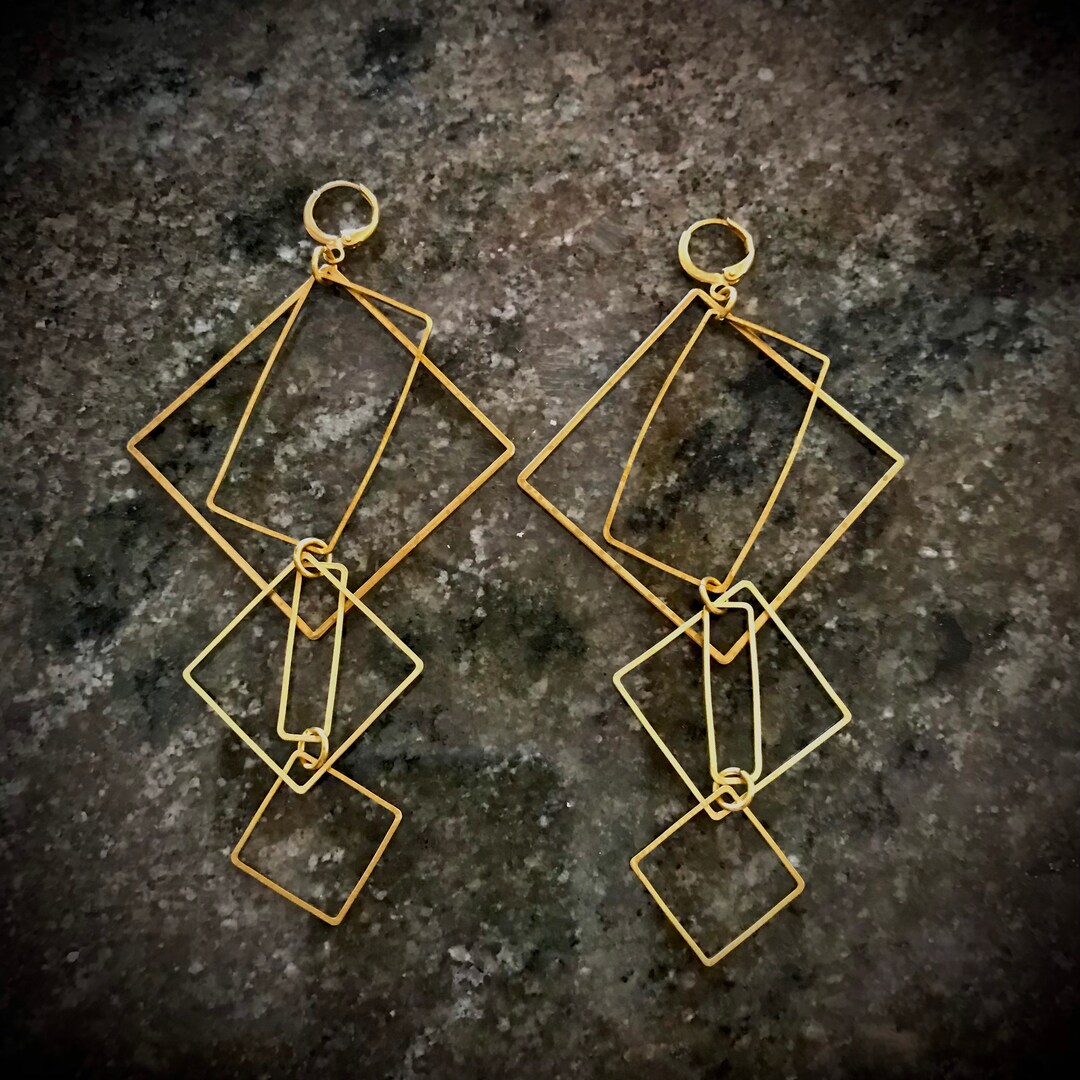 Brass Square Dangle Earrings: Geometric Maximalist Statement - Etsy
