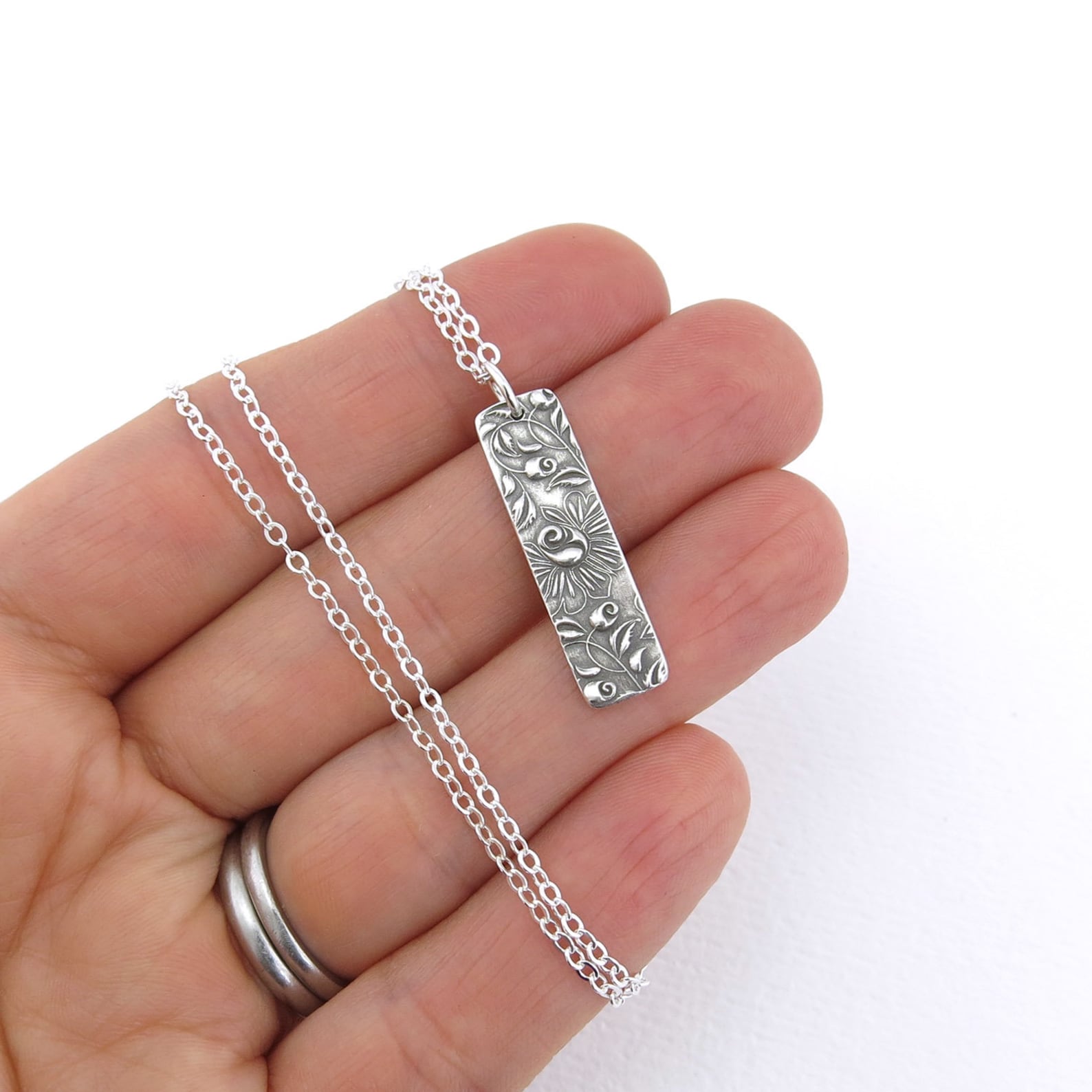 Silver Bar Necklace Sterling Silver Necklace Pendant Rose - Etsy