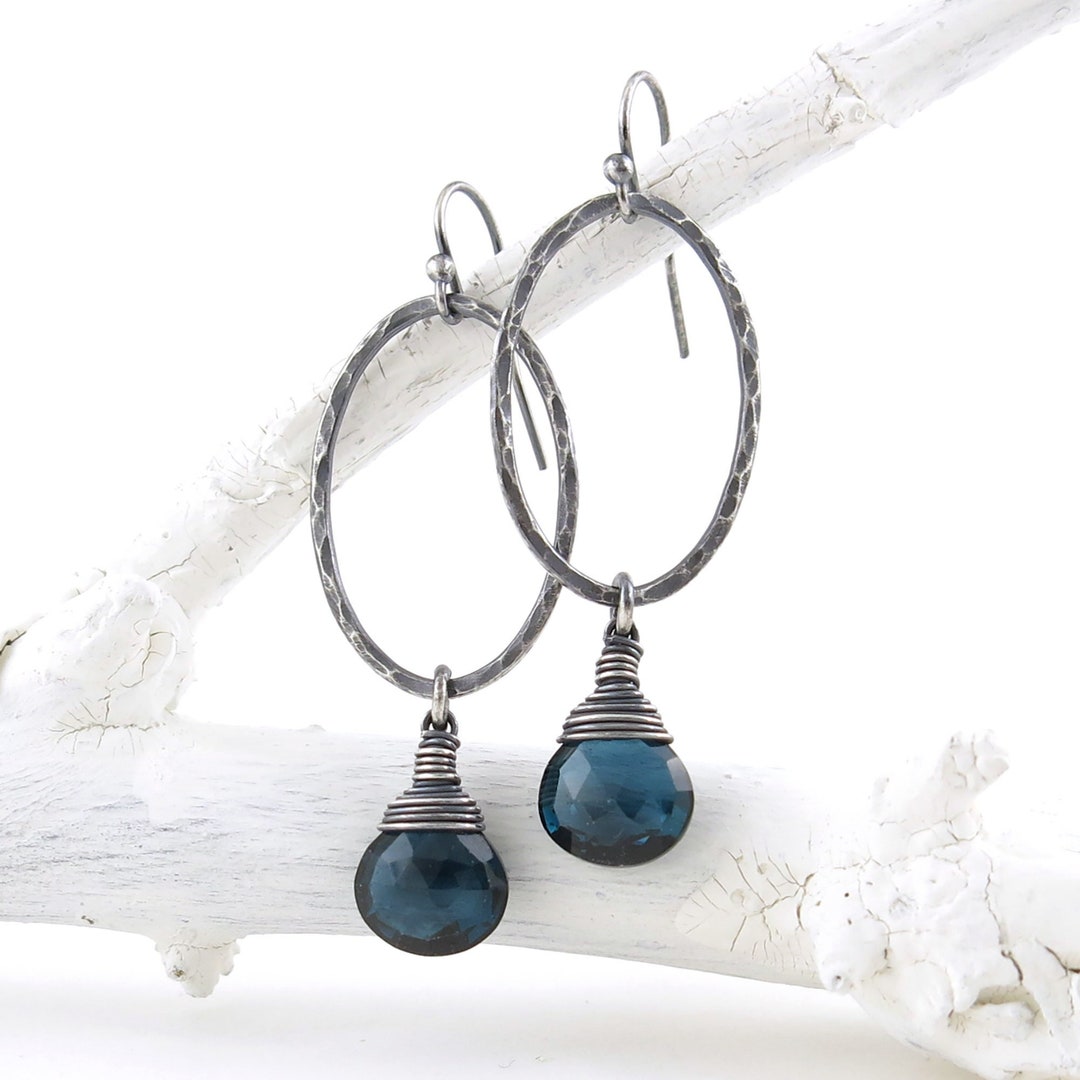 Dark Blue Earrings Silver Hoop Silver Earrings Dangle Blue Gemstone ...