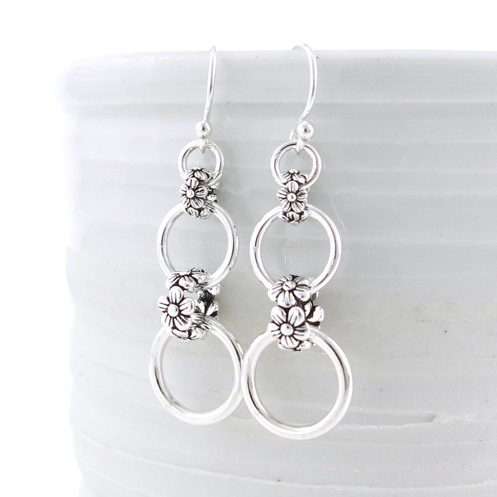 Simple Silver Dangle Earrings Silver Earrings Flower Bead Earrings ...
