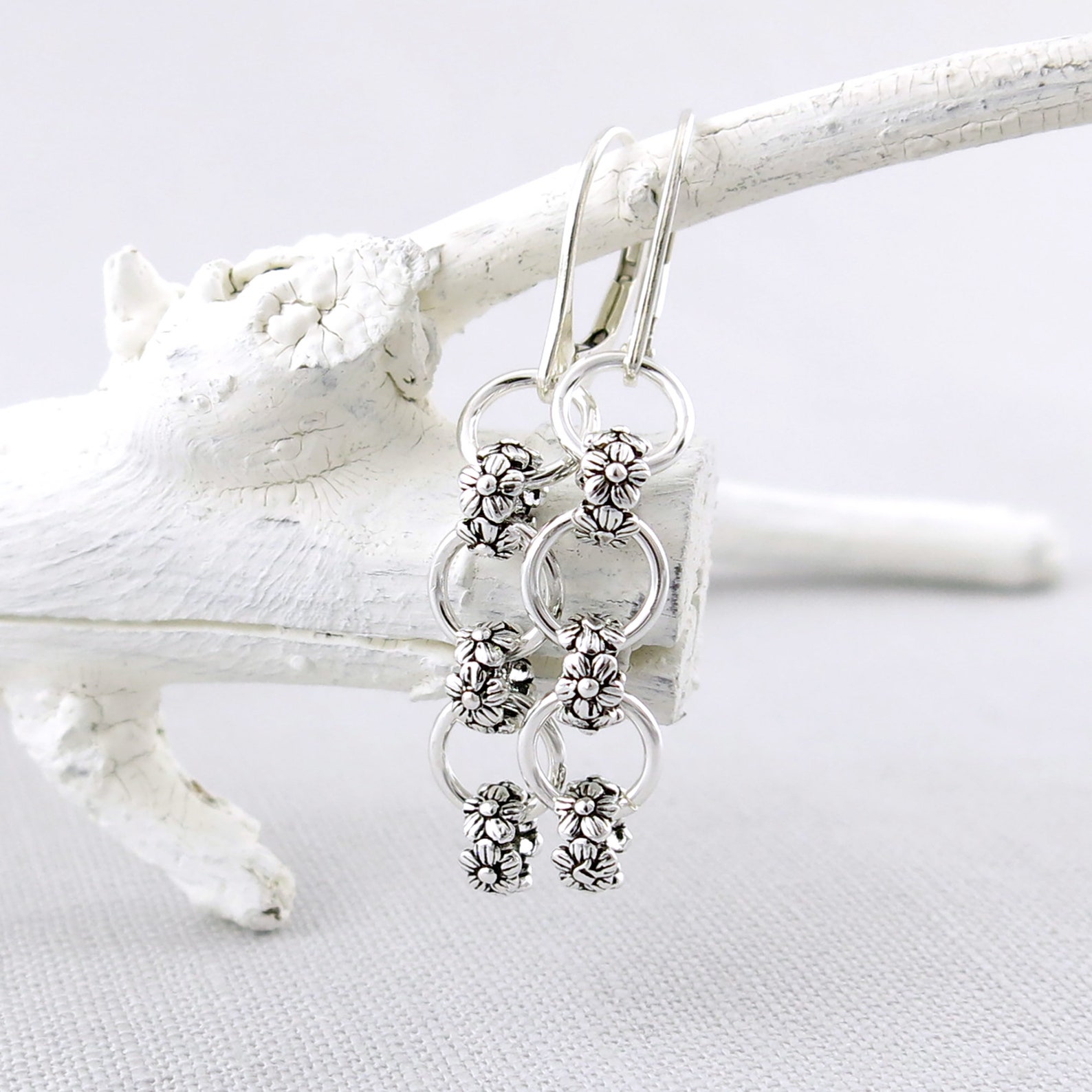 Simple Silver Dangle Earrings Silver Earrings Flower Bead Earrings ...