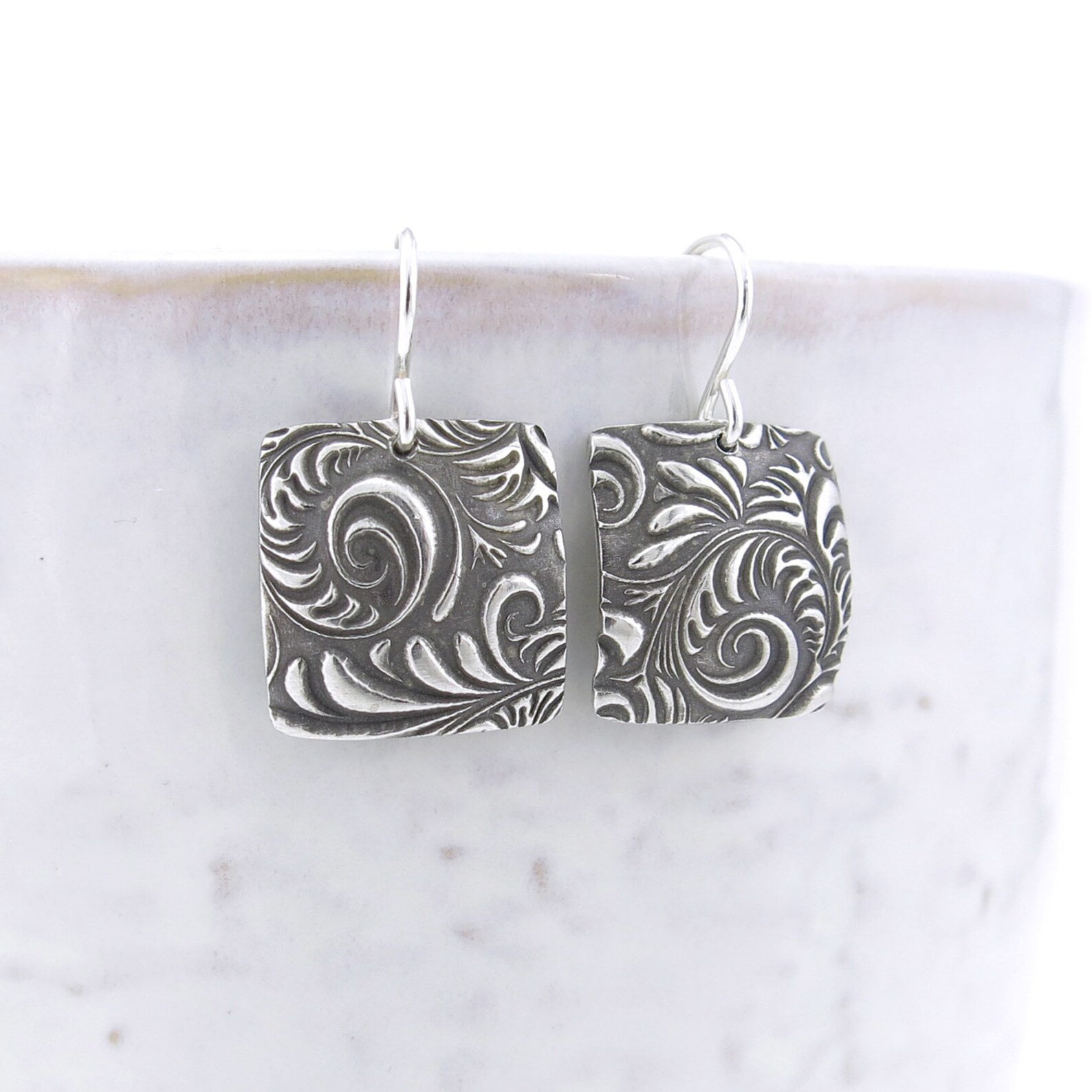 Textured Silver Square Earrings Unique Silver Earrings Dangle | Etsy