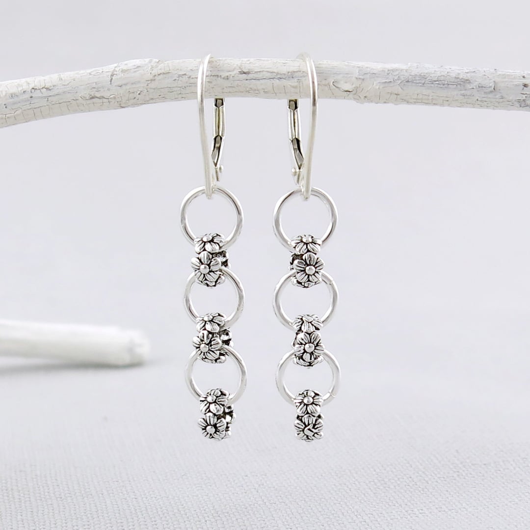 Simple Silver Dangle Earrings Silver Earrings Flower Bead Earrings ...