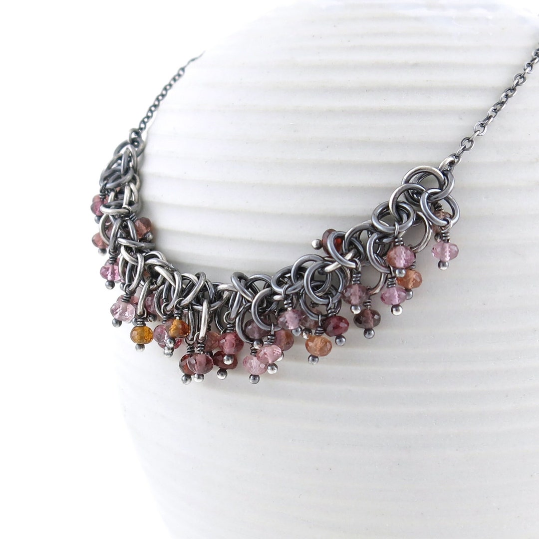 Multi Spinel Necklace Silver Gemstone Statement Necklace Pink Red ...