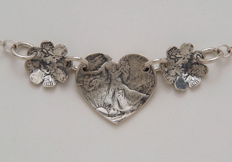 Dimes Silver Heart Flowers Necklace Made From 3 Vintage American Silver ...