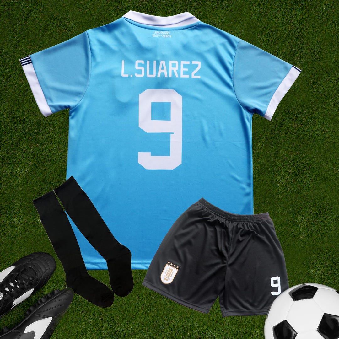Luis Suarez 9 Uruguay Home 2024 Kids Soccer Uniform Jersey Shorts Socks ...