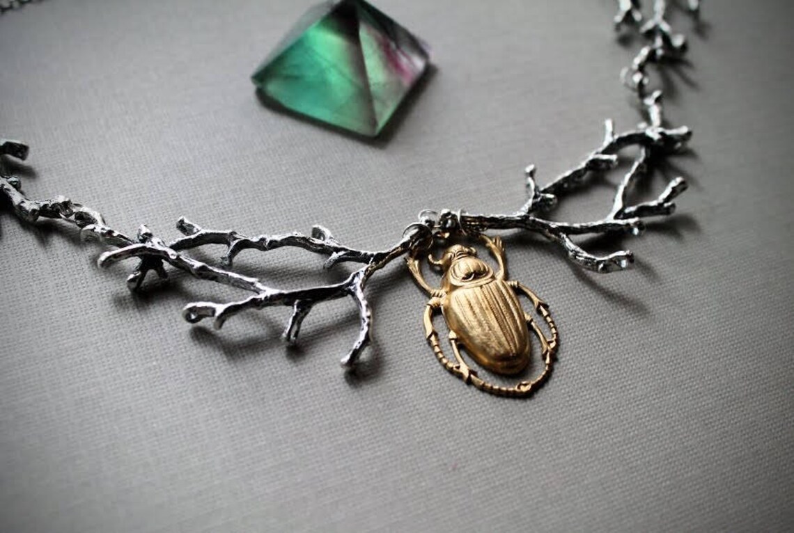 June Bug // Beetle and Silver Branch Necklace | Etsy