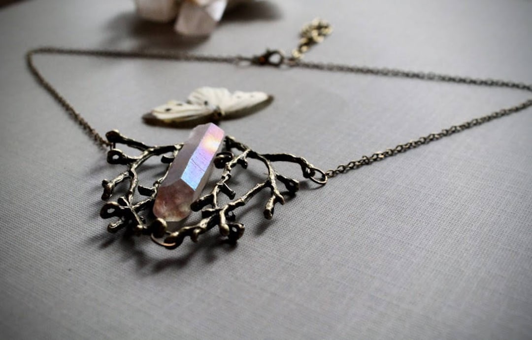 Elven Heart in Hickory // Brass Branch and Crystal Point Necklace - Etsy