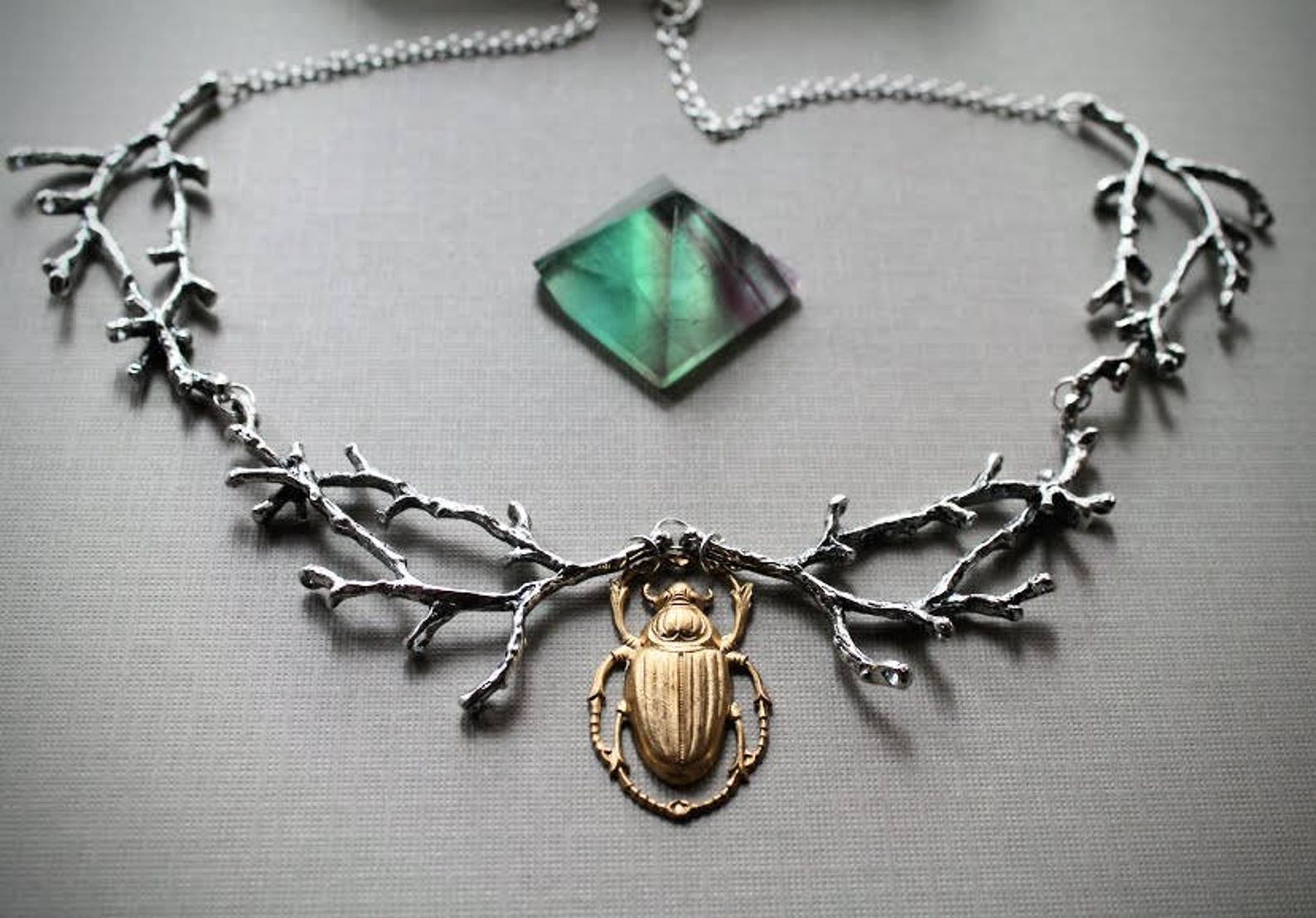 June Bug // Beetle and Silver Branch Necklace - Etsy