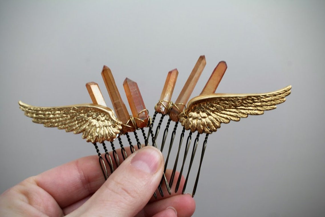 Valkyrie // Raw Crystal and Golden Wings Hair Combs Choose - Etsy