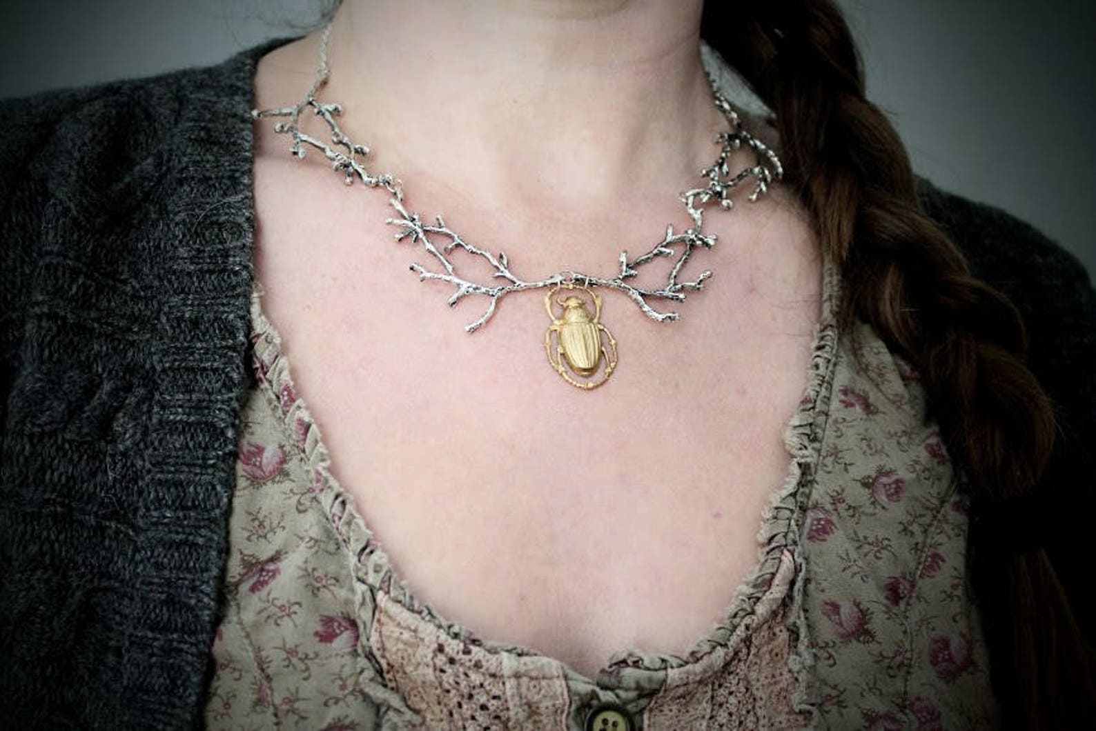 June Bug // Beetle and Silver Branch Necklace | Etsy