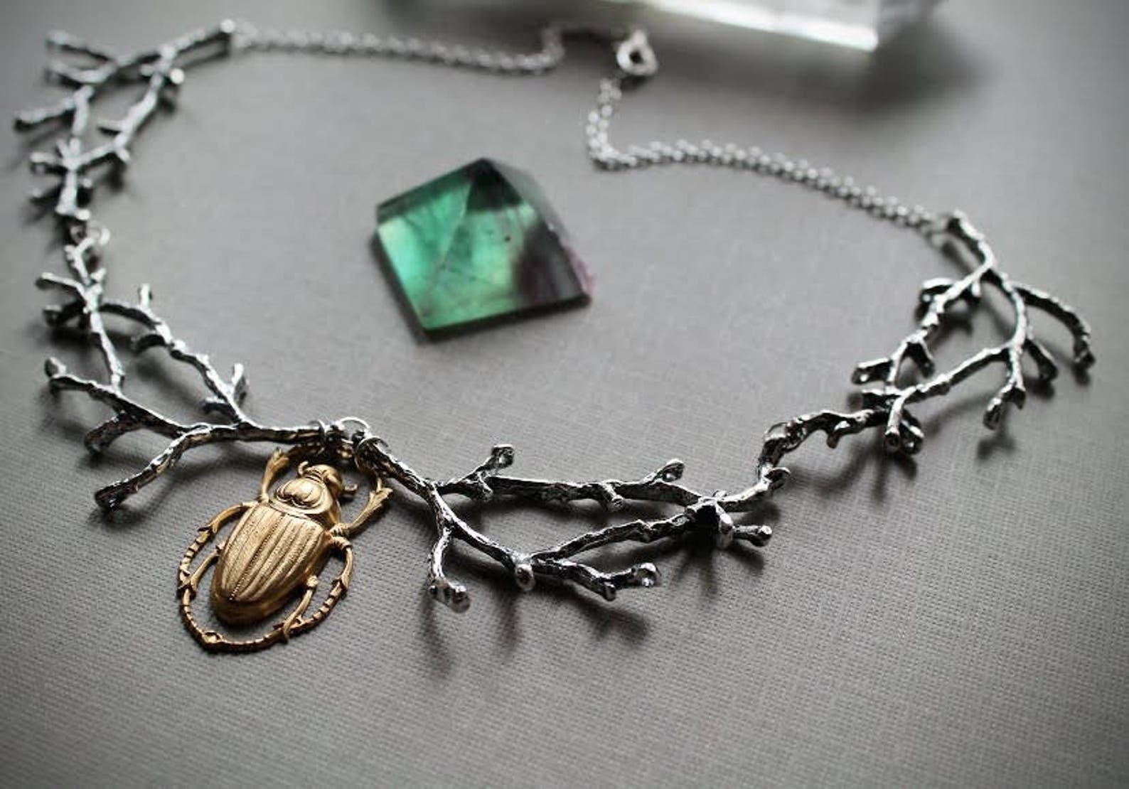 June Bug // Beetle and Silver Branch Necklace - Etsy