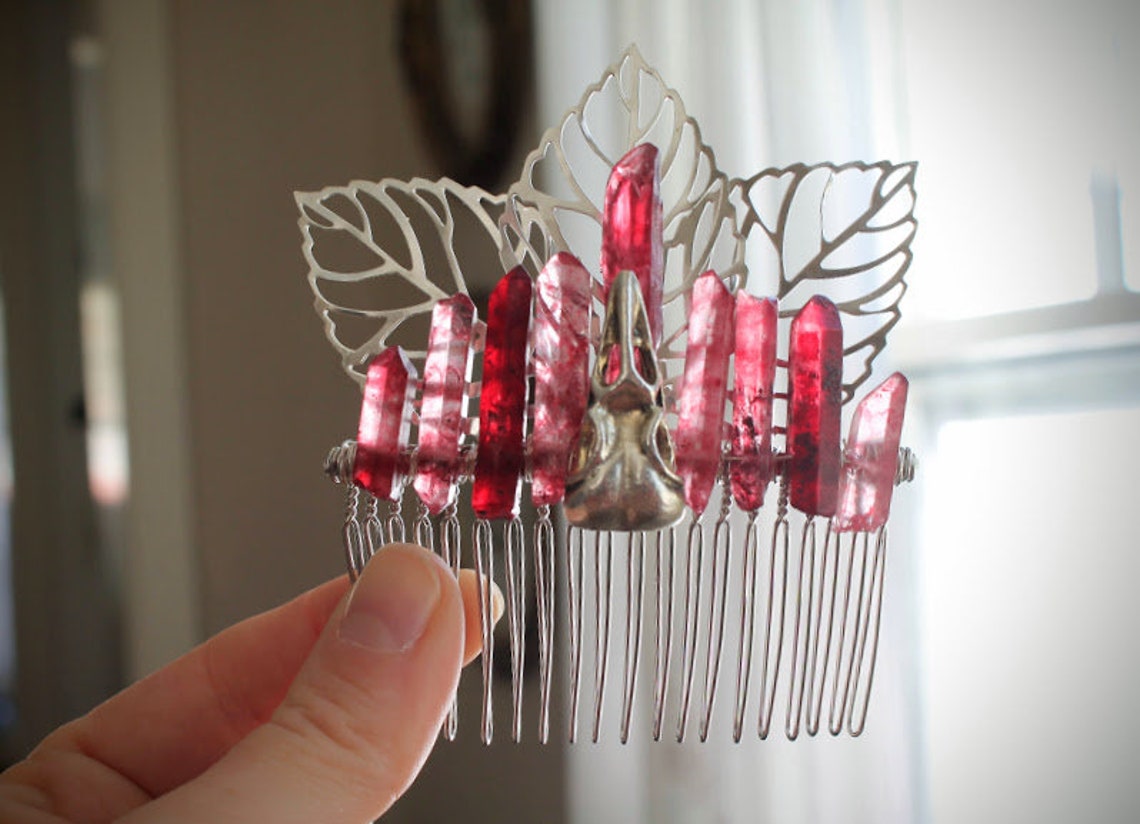 Red Sparrow // Silver Bird Skull Hair Comb With Silver Leaves - Etsy