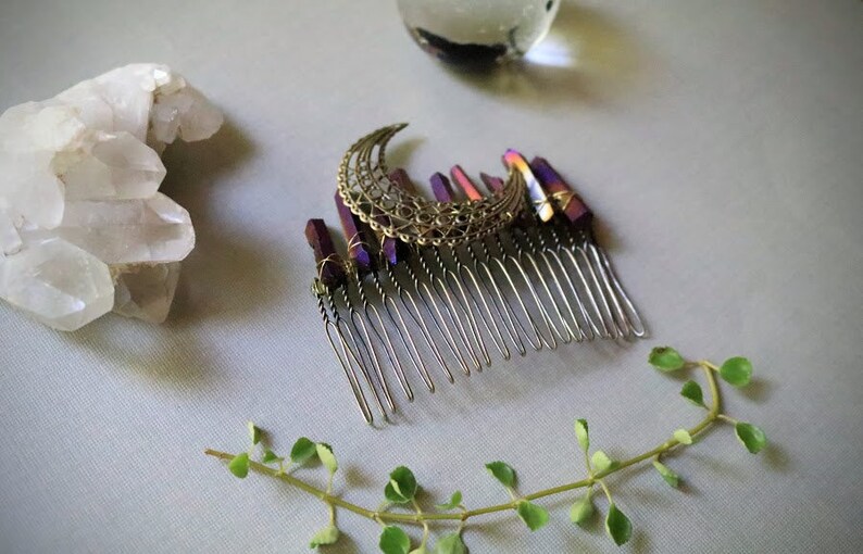 Hallows Moon // Crescent Moon and Raw Purple Crystal Hair Comb - Etsy