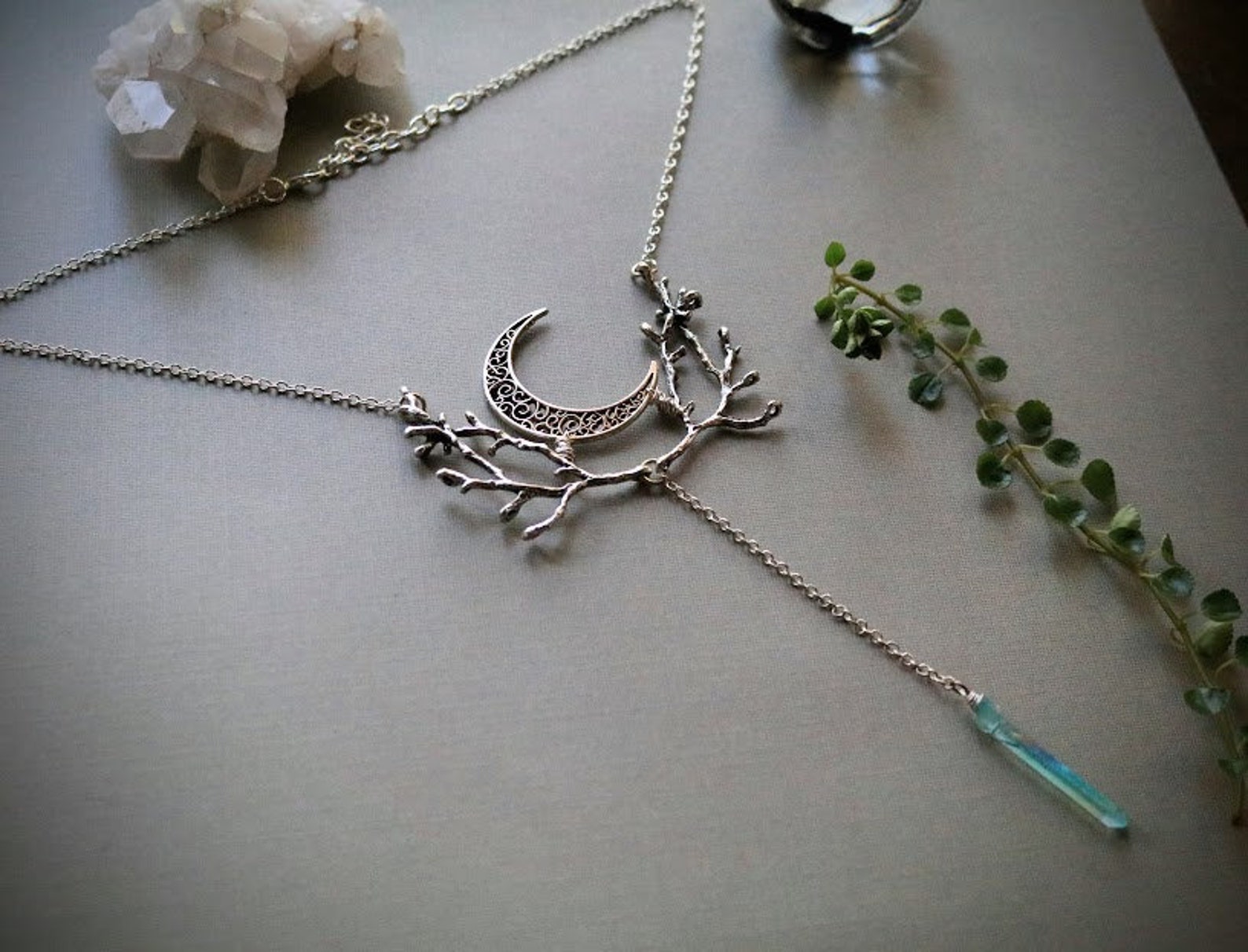 Silvery Moon // Crescent Moon Necklace With Silver Branches and a ...