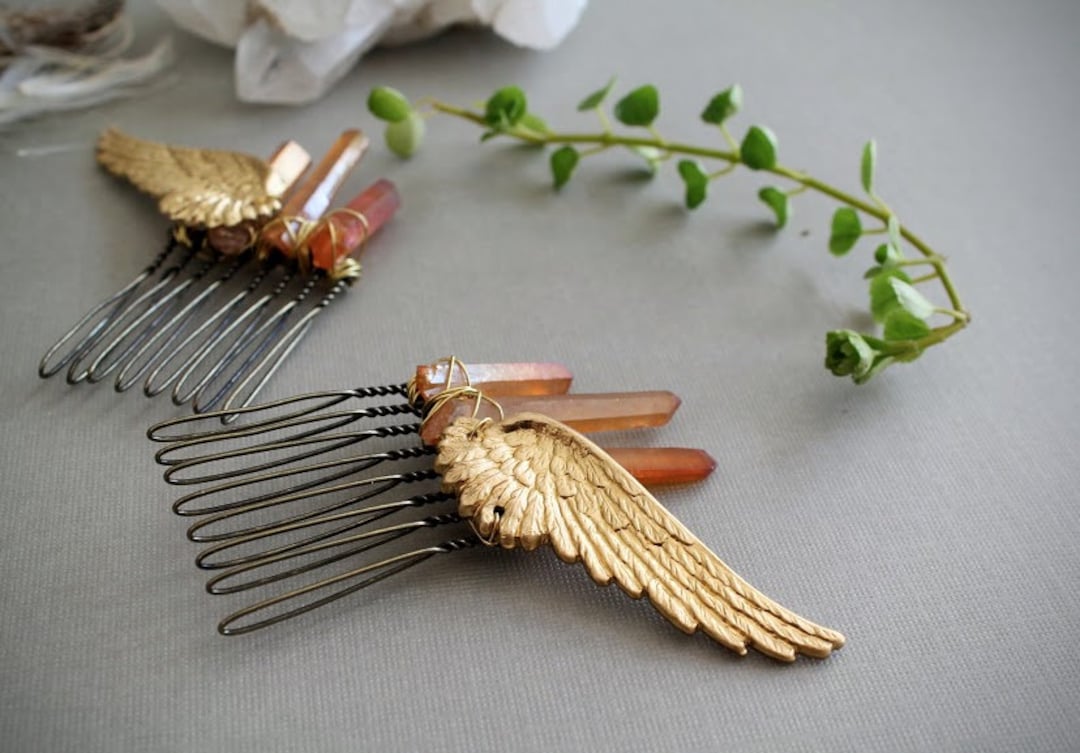 Valkyrie // Raw Crystal and Golden Wings Hair Combs - Choose Your ...