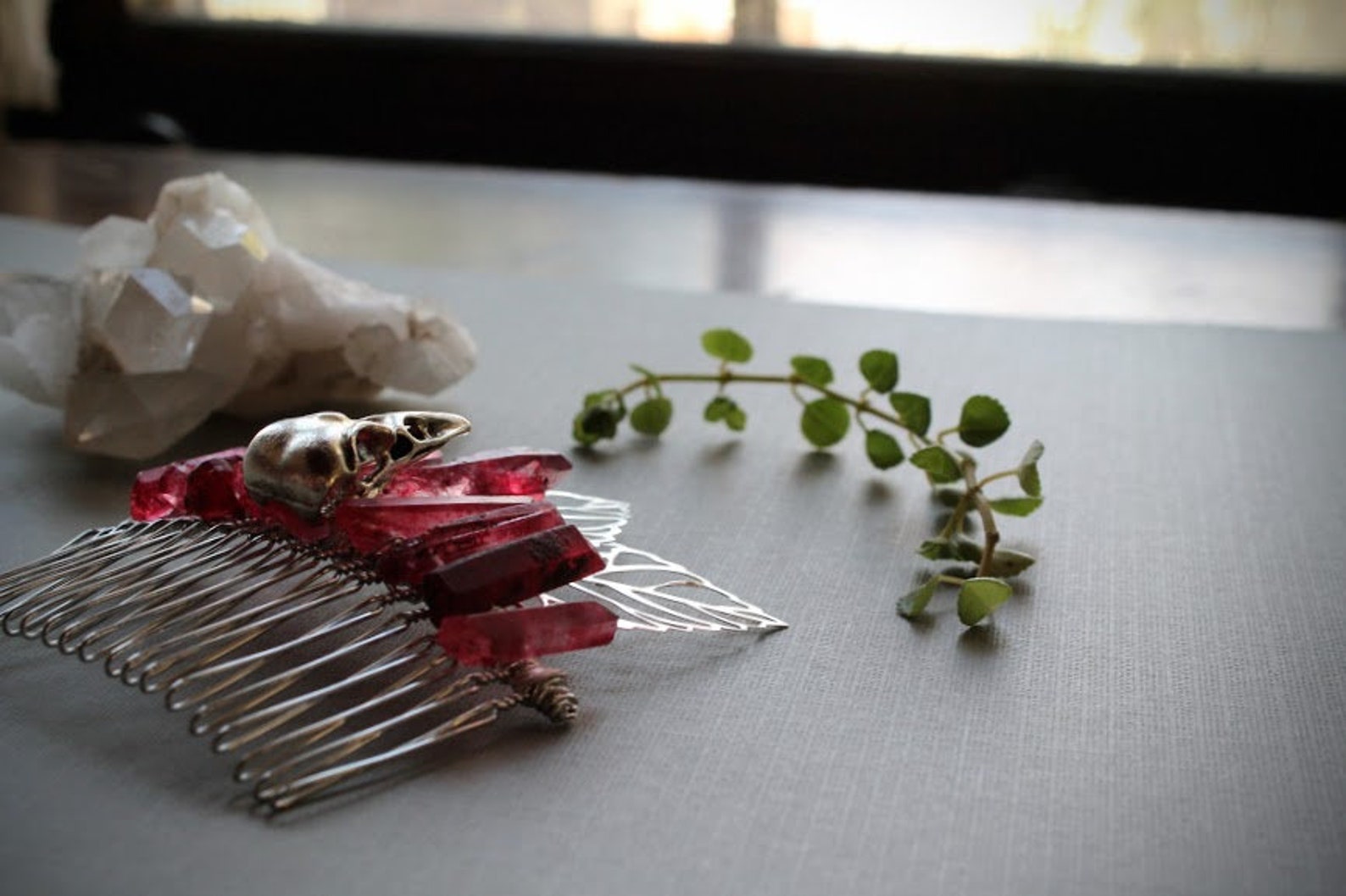 Red Sparrow // Silver Bird Skull Hair Comb With Silver Leaves - Etsy