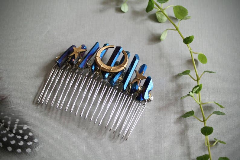Moon Gazing // Blue Crystal and Crescent Moon Hair Comb - Etsy
