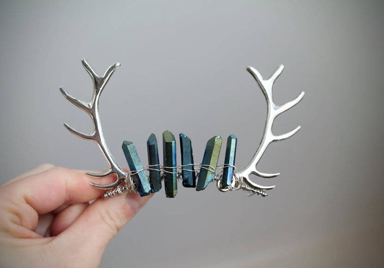 Elk // Silver Antler and Blue Crystal Mini Crown | Etsy