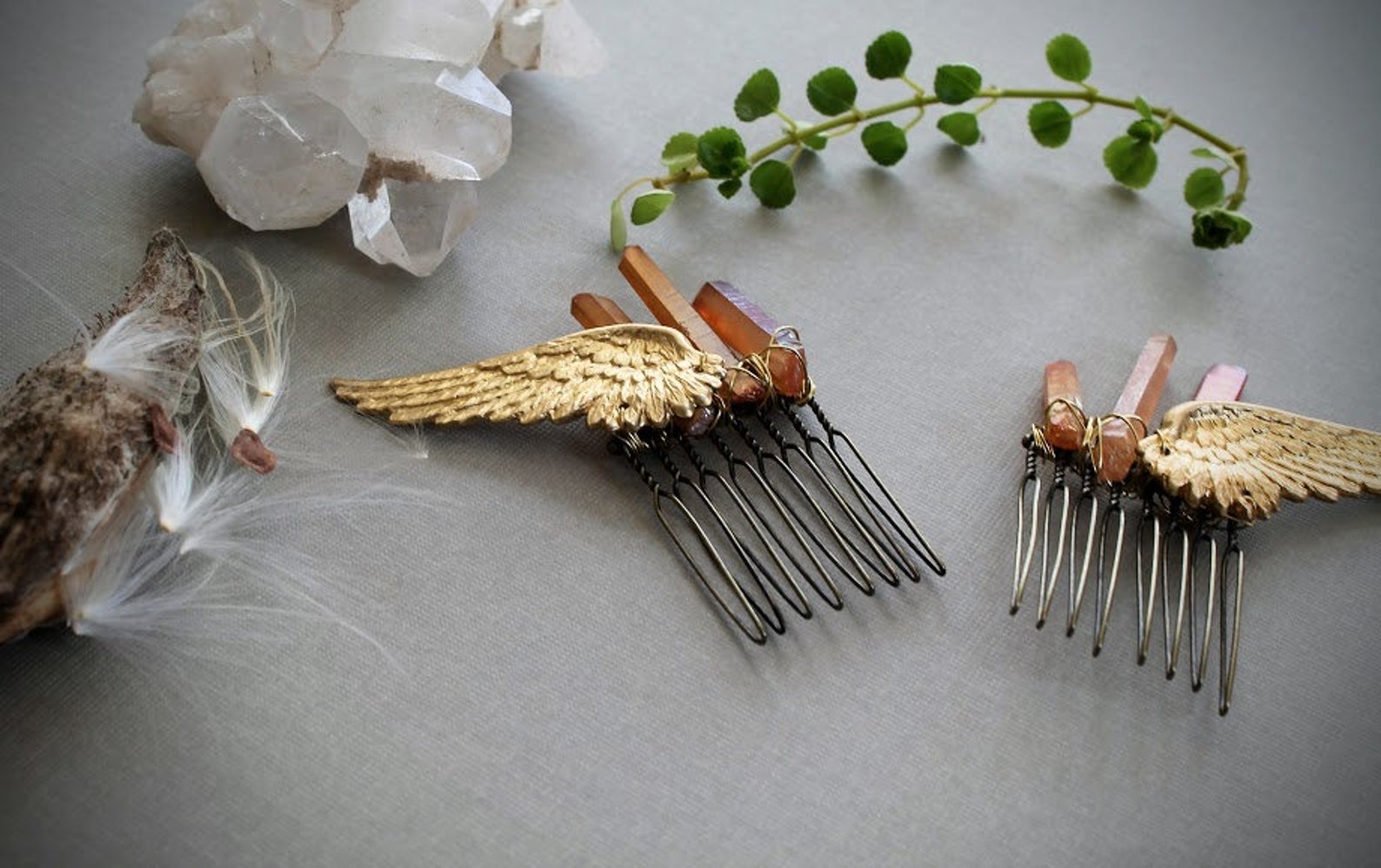 Valkyrie // Raw Crystal and Golden Wings Hair Combs Choose - Etsy