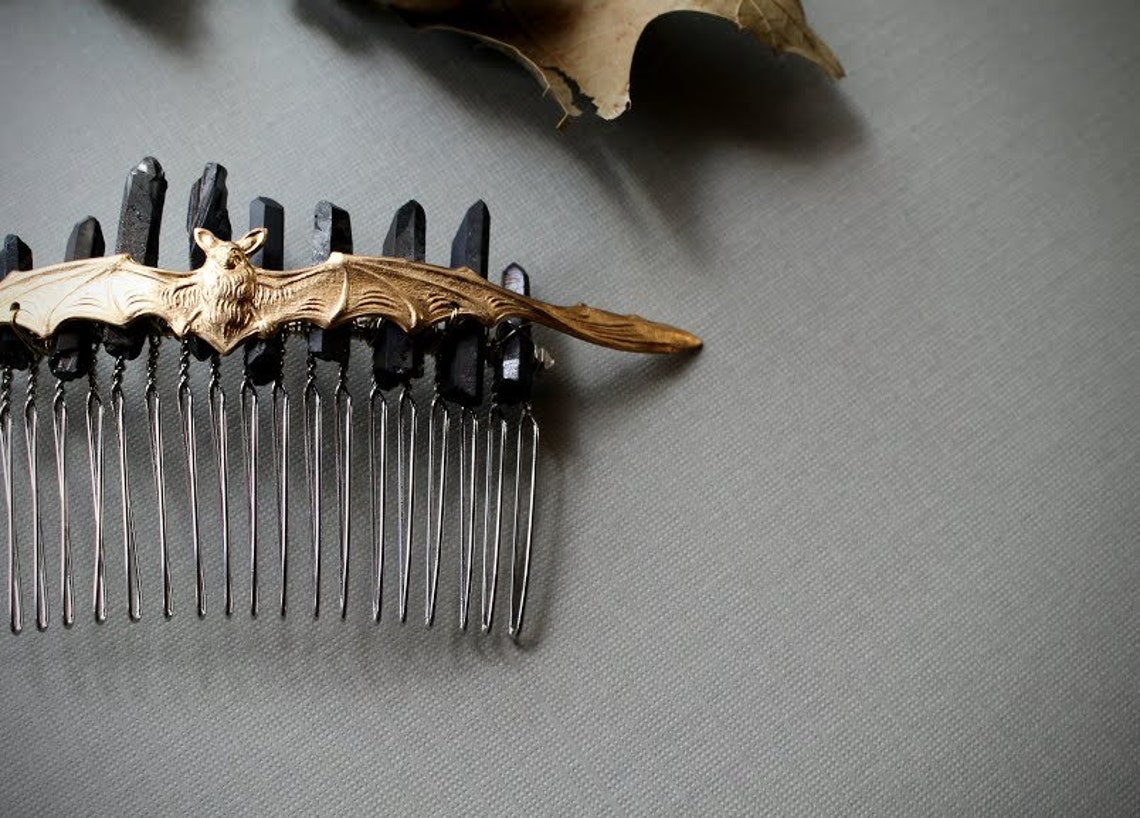 Night Hunter // bat and raw black crystal hair comb | Etsy