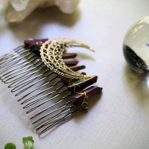 Hallows Moon // Crescent Moon and Raw Purple Crystal Hair Comb - Etsy
