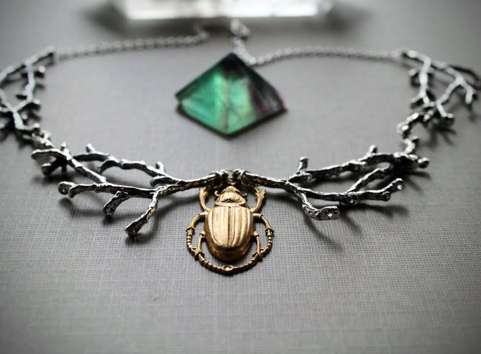 June Bug // Beetle and Silver Branch Necklace - Etsy