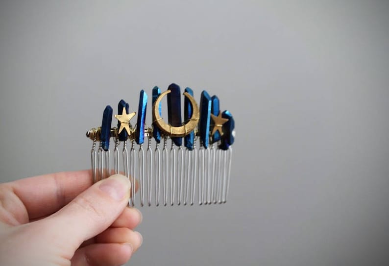 Moon Gazing // Blue Crystal and Crescent Moon Hair Comb - Etsy