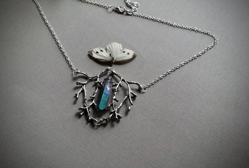 Elven Heart in Birch // Silver Branch and Crystal Point Necklace - Etsy
