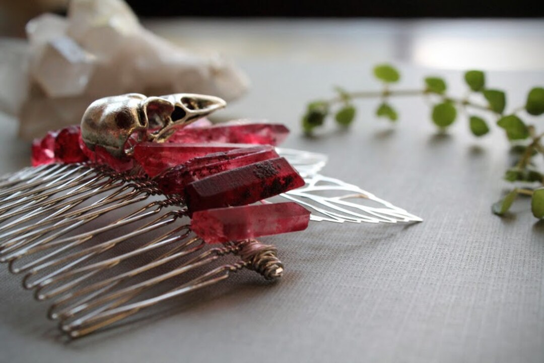 Red Sparrow // Silver Bird Skull Hair Comb With Silver Leaves and Blood ...