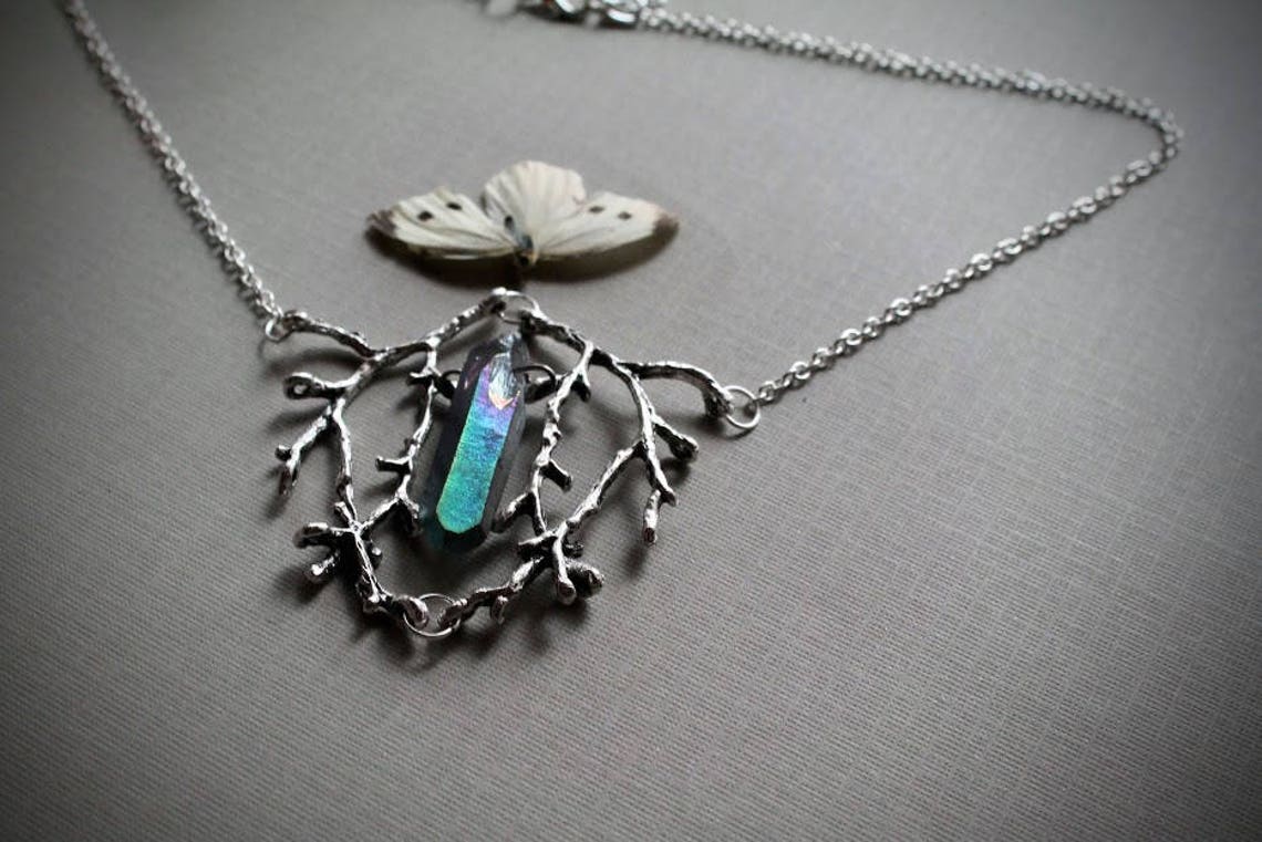 Elven Heart in Birch // Silver Branch and Crystal Point Necklace - Etsy