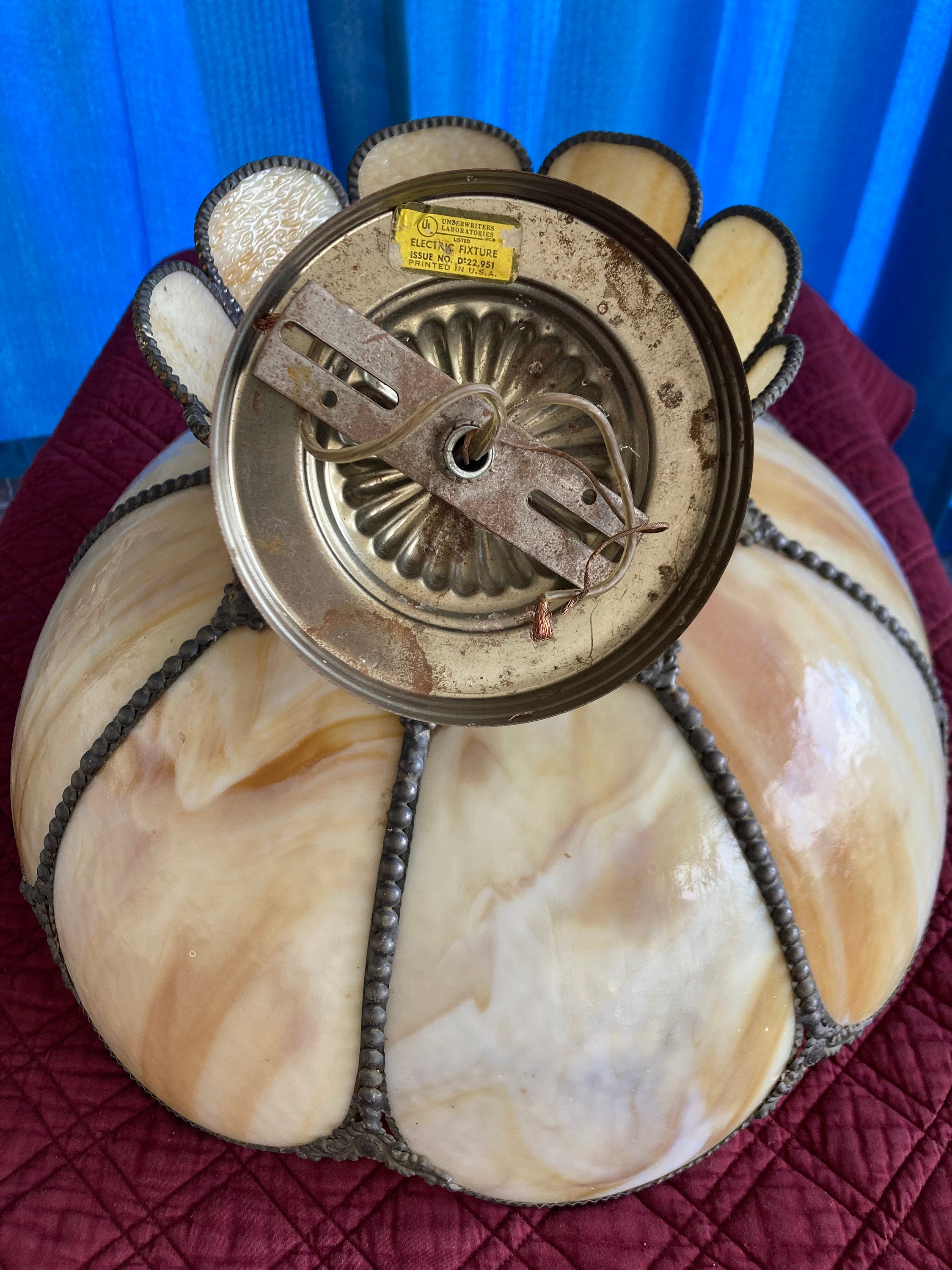 Vintage Slag Glass Hanging Large Tulip Lamp Light Fixture Brown Metal ...