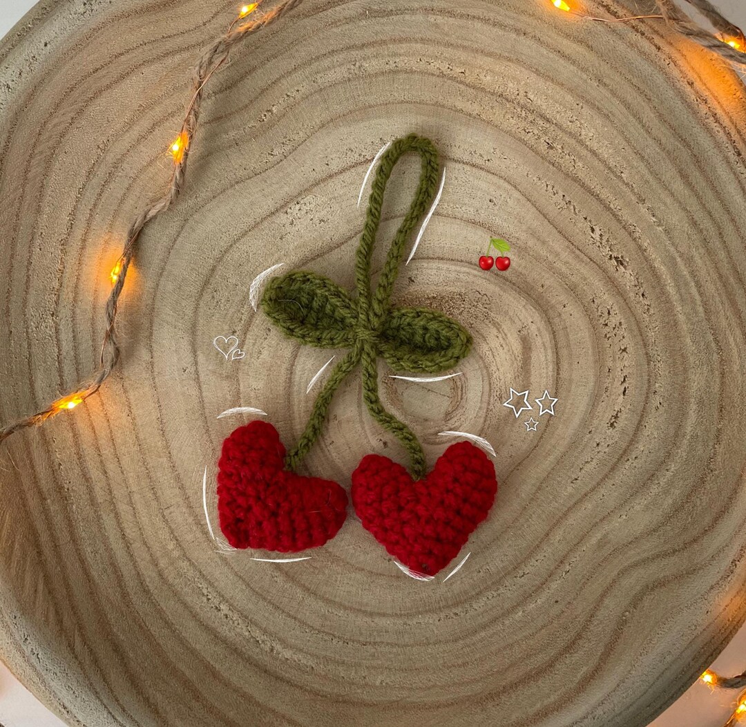 Crochet Cherry Heart, Cherry Bag Charm, Cherry Keychain, Cherry Car ...