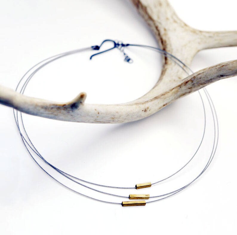 Three Strand Necklace brass Bars on a Steel Cord Industrial | Etsy