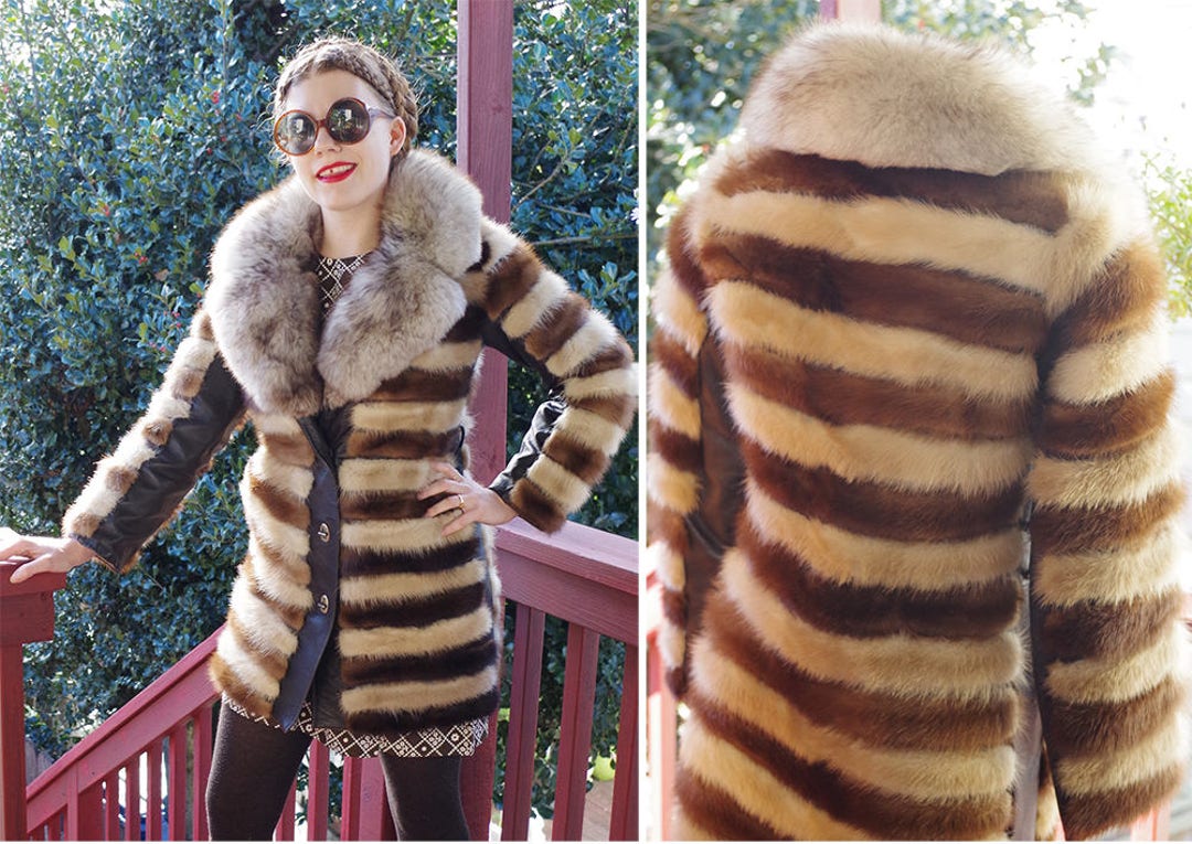 Striped MINK 1960's 70's Vintage Dark Brown + Natural Tan Mink Fur Coat ...