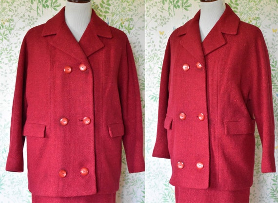 RASPBERRY 1950's 60's Vintage Deep Red Wool Suit w/ J… - Gem