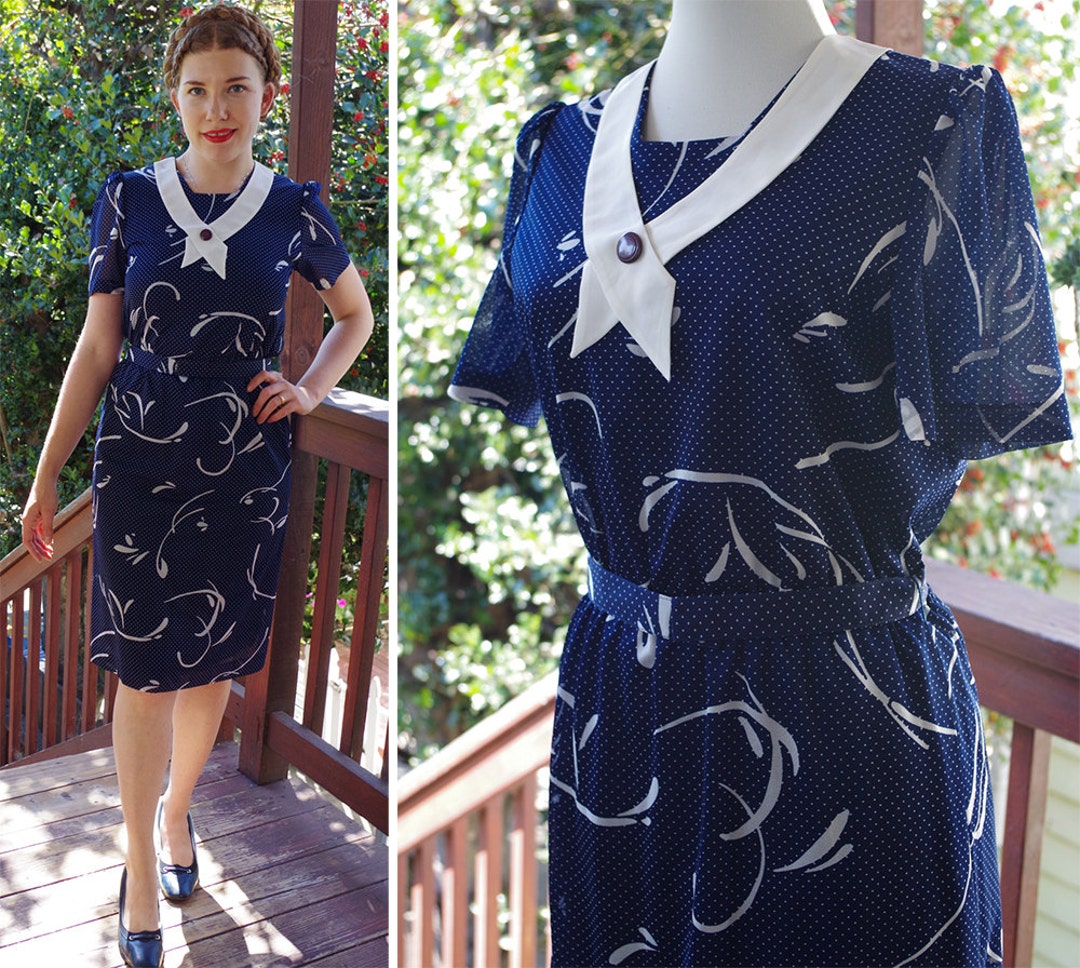 NAVY Blue 1970's 80's Vintage Navy Blue + White Polka Dotted Dress W ...