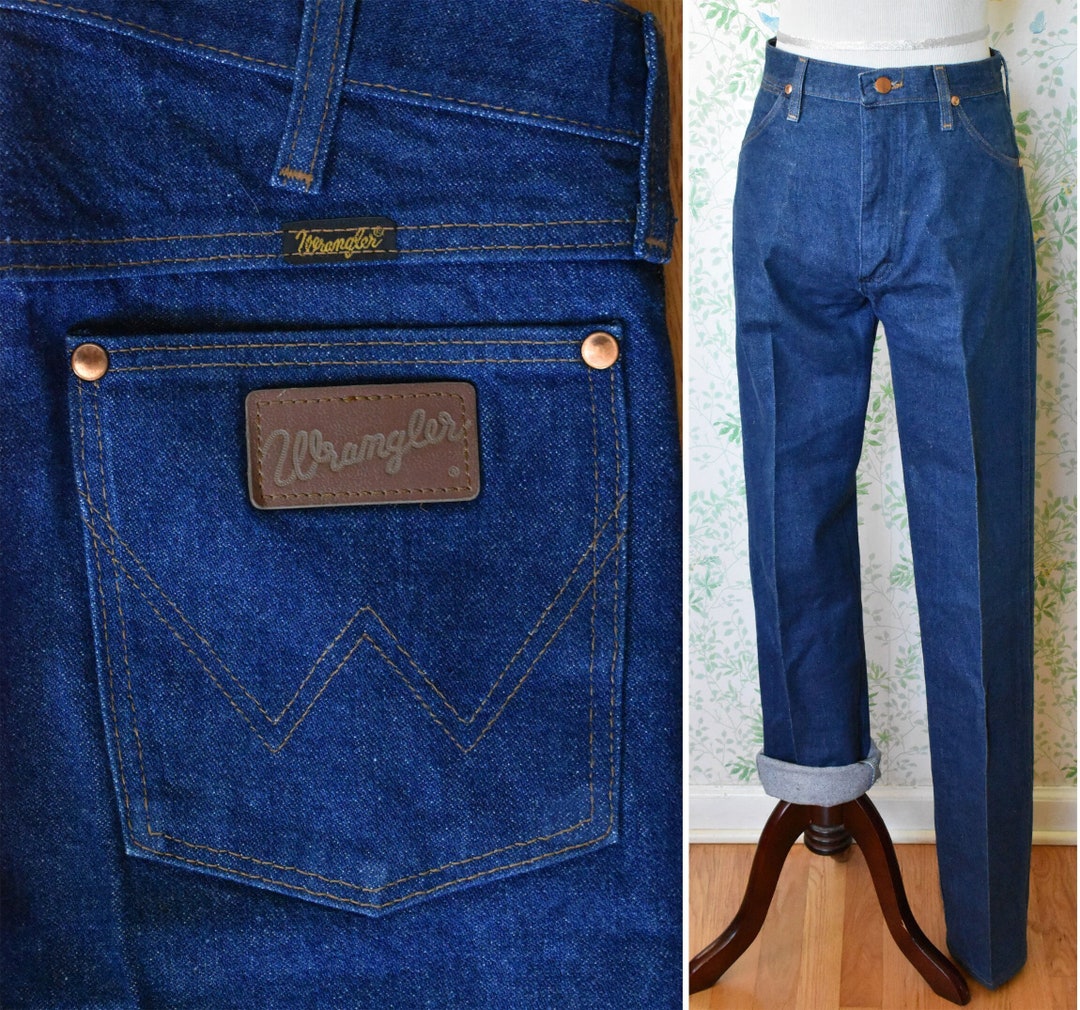 WRANGLER 1970's Vintage Men's High Waist Boot Cut Dark Blue Pure Cotton Jeans W/ Stitched ...