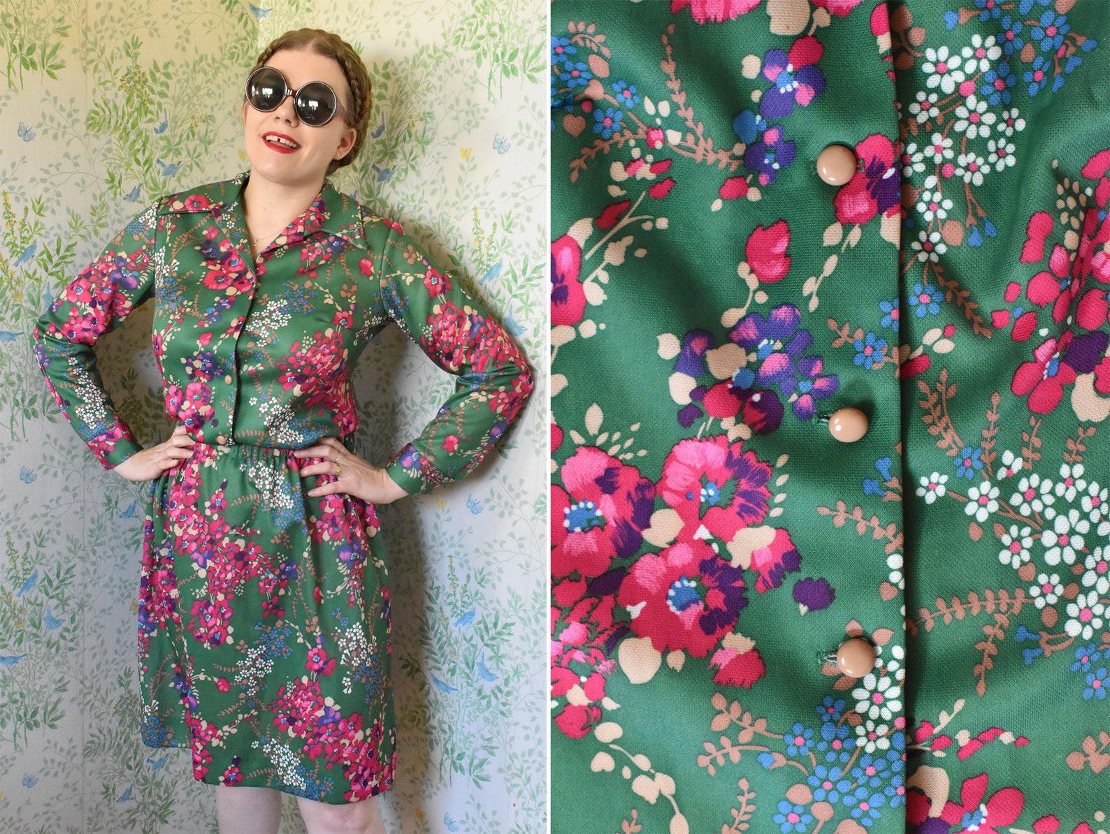 FLOWERS 1970's Vintage MOD Deep Green Hot Pink Floral | Etsy